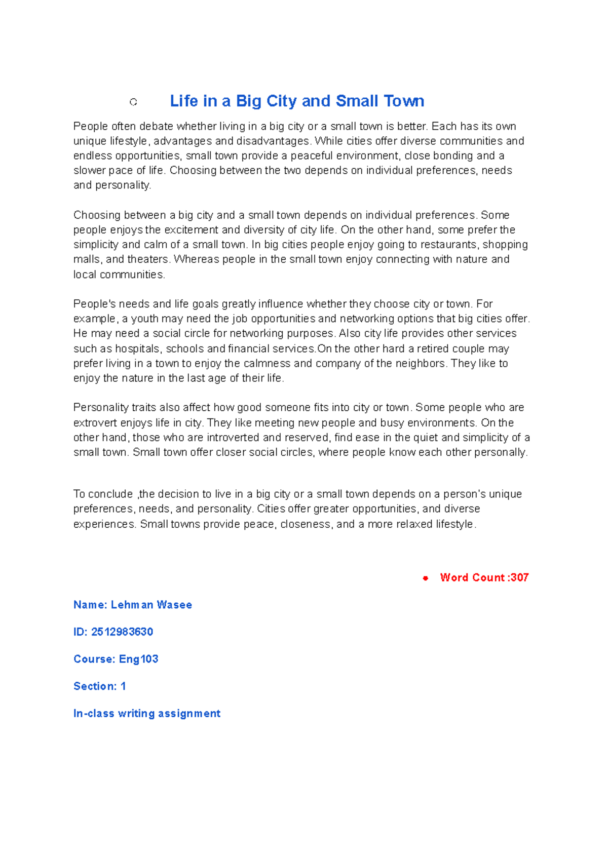 Eng103 - Essay: City Life vs. Small Town Living - Studocu