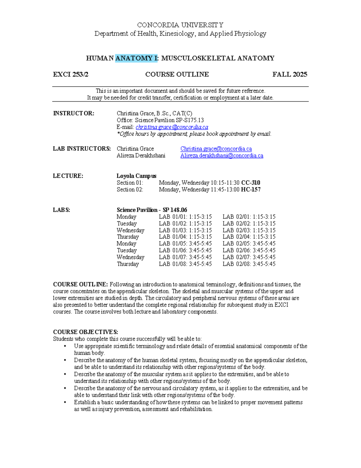 EXCI 253 Course Outline: Human Anatomy I - Musculoskeletal 2025 - Studocu