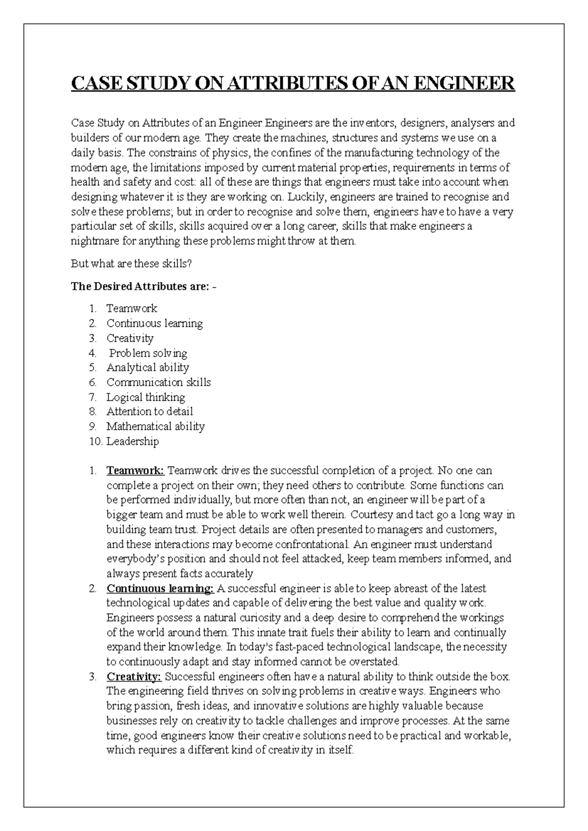 CASE STUDY: Key Attributes of an Engineer - Studocu