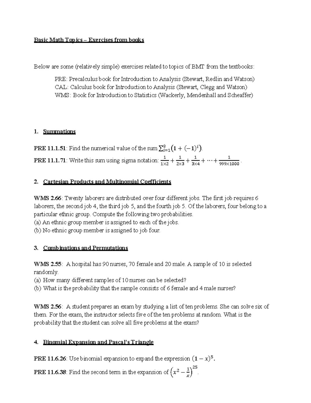 BMT Exercises: Basic Math Topics from Precalculus & Statistics ...