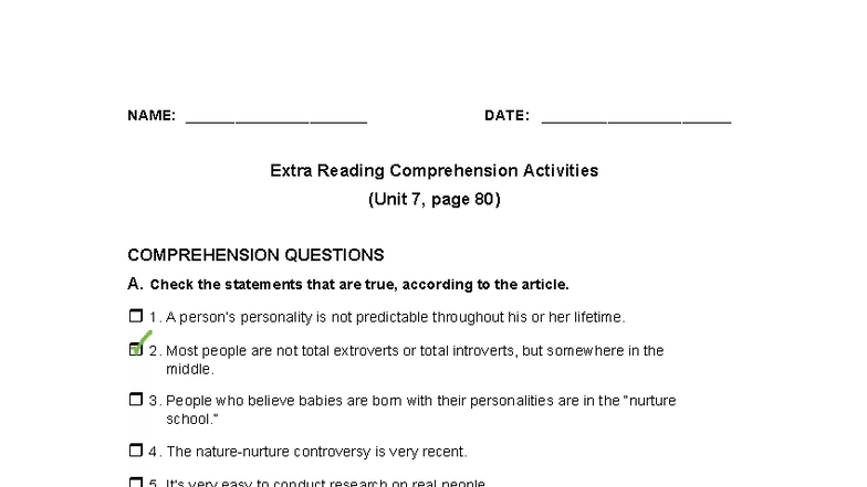 Unit 07: Nature vs. Nurture - Extra Reading Comprehension Activities ...