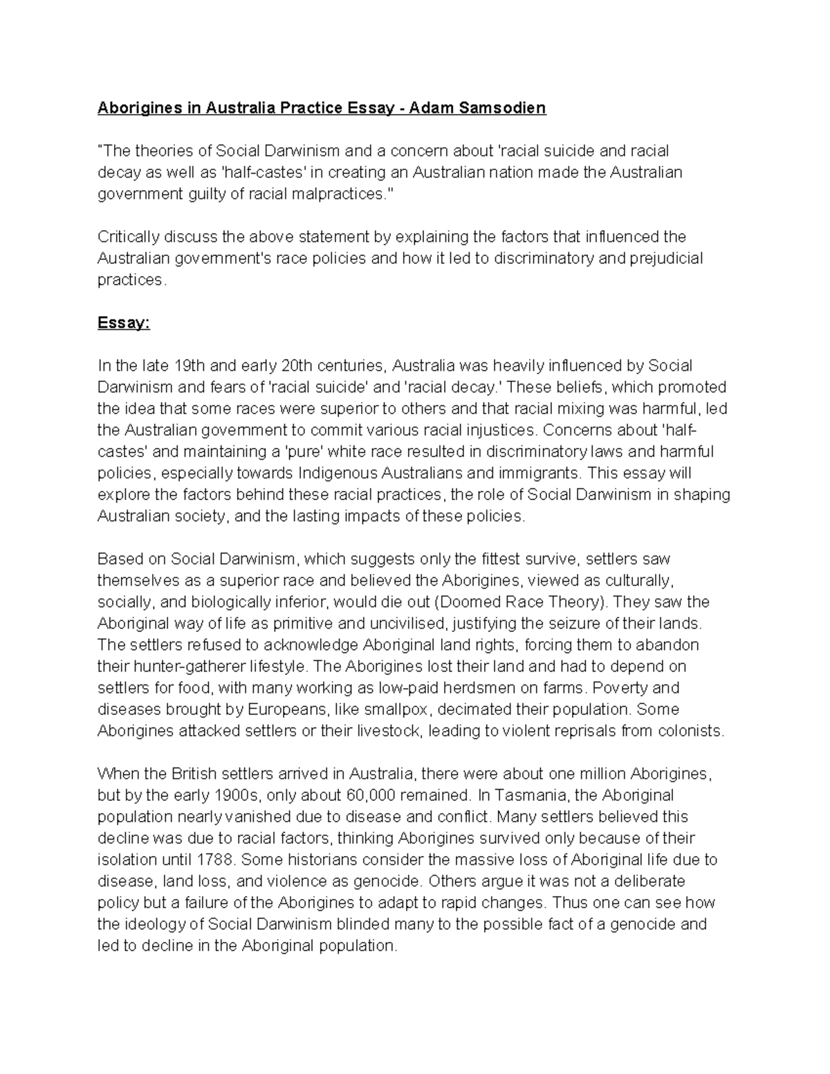 Aborigines in Australia: Social Darwinism & Racial Policies Essay ...