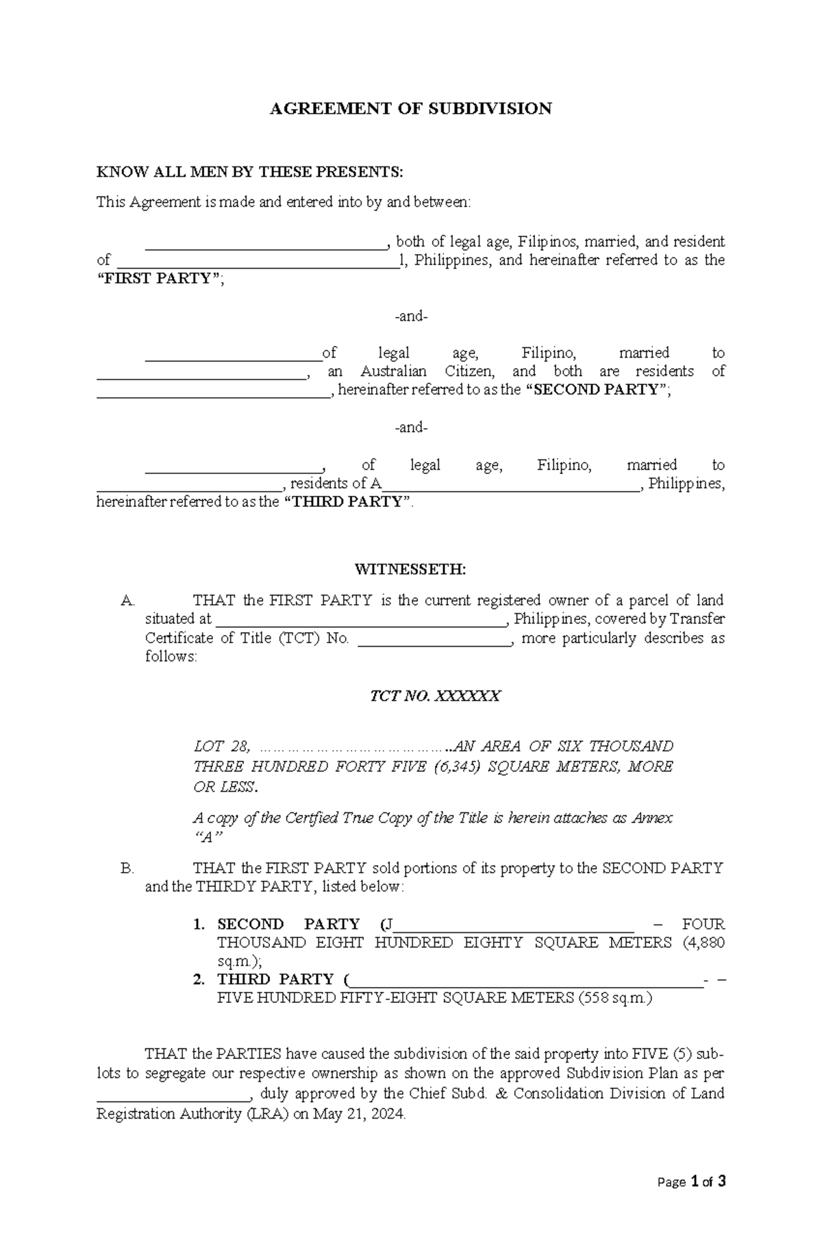 Agreement of Subdivision Sample - Legal Document Template - Studocu