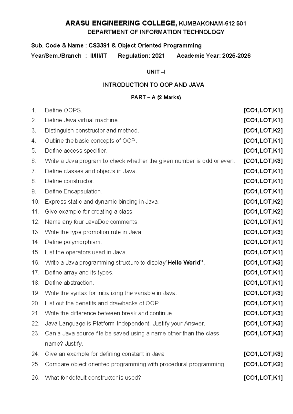 OOPS Question Bank - CS3391 Final Exam - Arasu Engineering College - Studocu