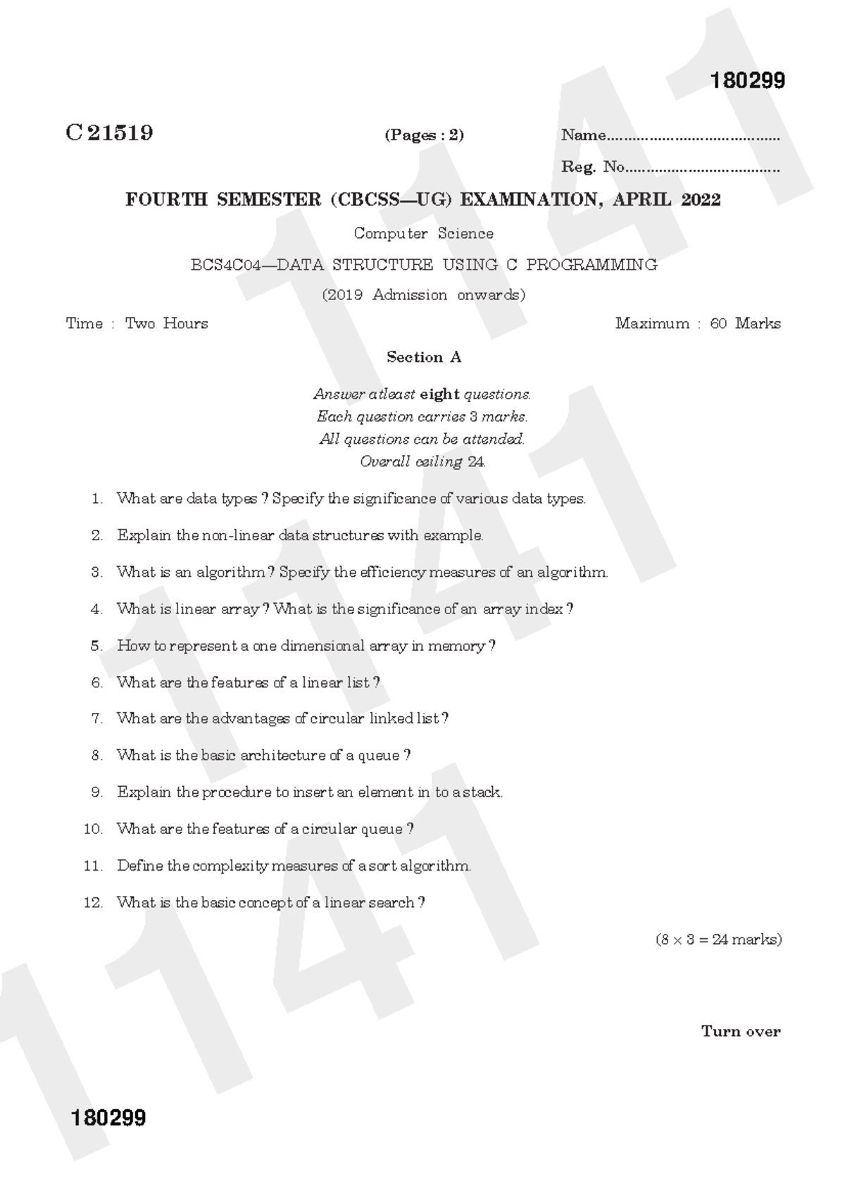 C21519 - Data Structures Using C Final Exam Questions, April 2022 - Studocu