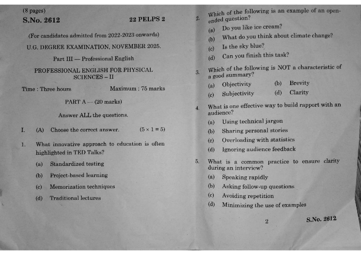 Professional English for Physical Sciences: Previous Year QP BSC CS 2nd ...