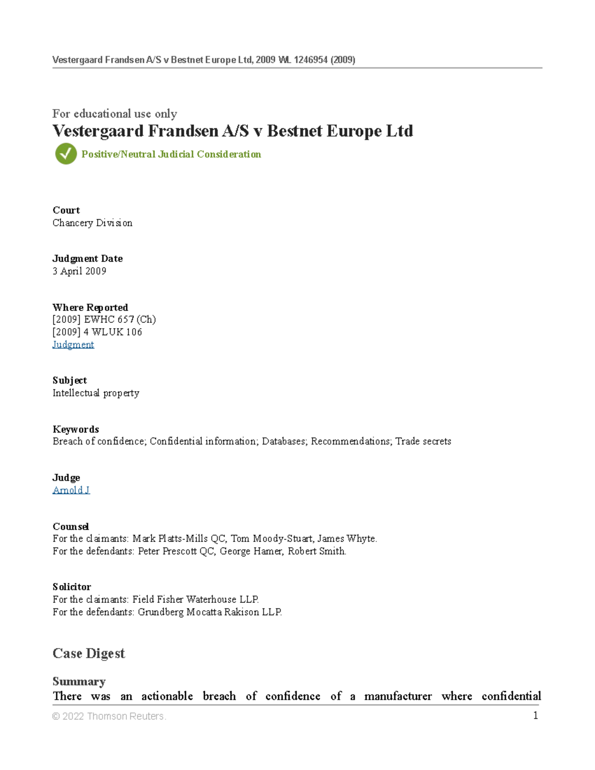 Vestergaard Frandsen AS v Bestnet Europe Ltd - For educational use only ...