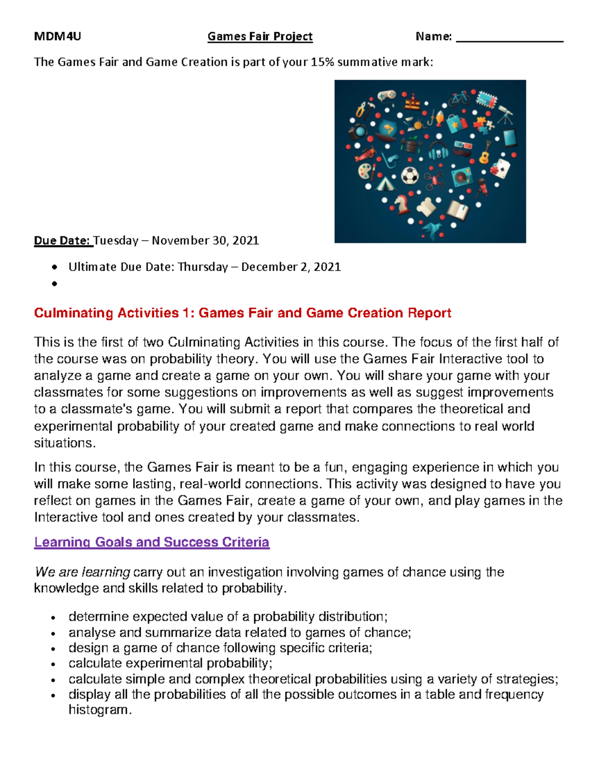 MDM4U Culminating Activities 1: Games Fair & Game Creation Report - Studocu