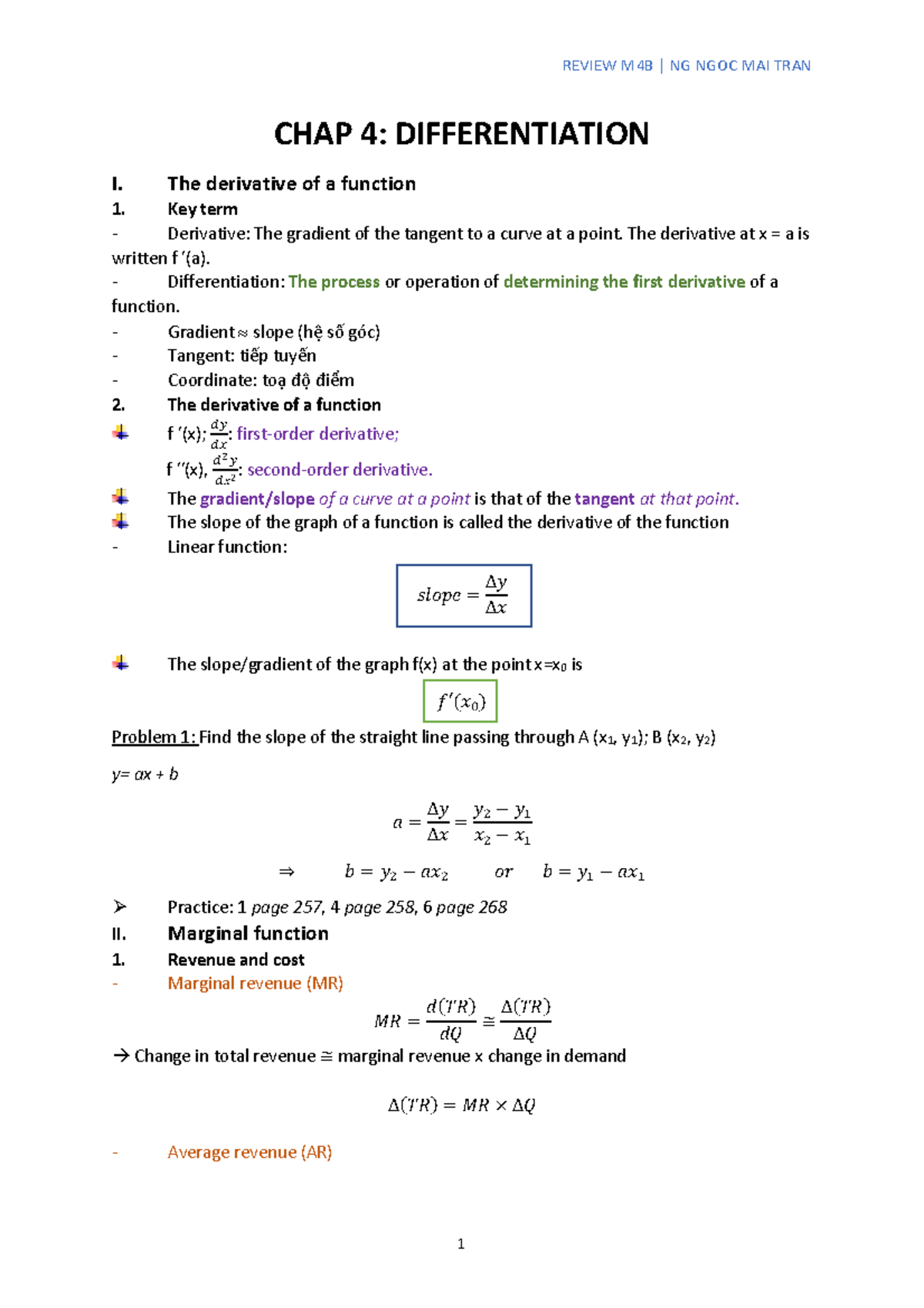 CHAP 4 Review - CHAP 4: DIFFERENTIATION I. The derivative of a function ...