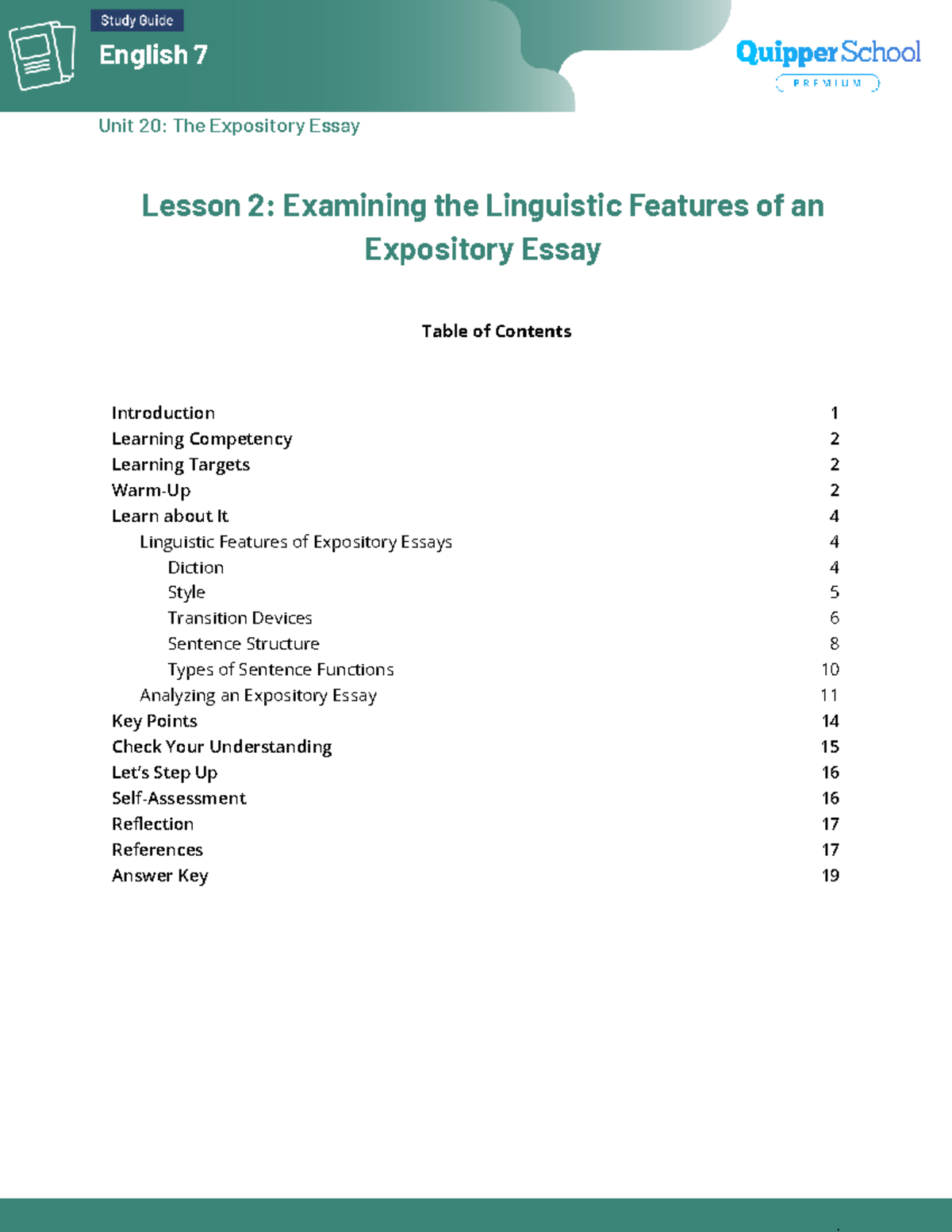 English 7 Unit 20: Expository Essay Linguistic Features Analysis - Studocu