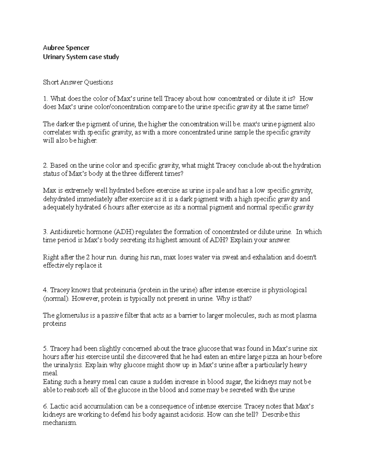 Urinary System Case Study: Analysis of Hydration and ADH Effects - Studocu