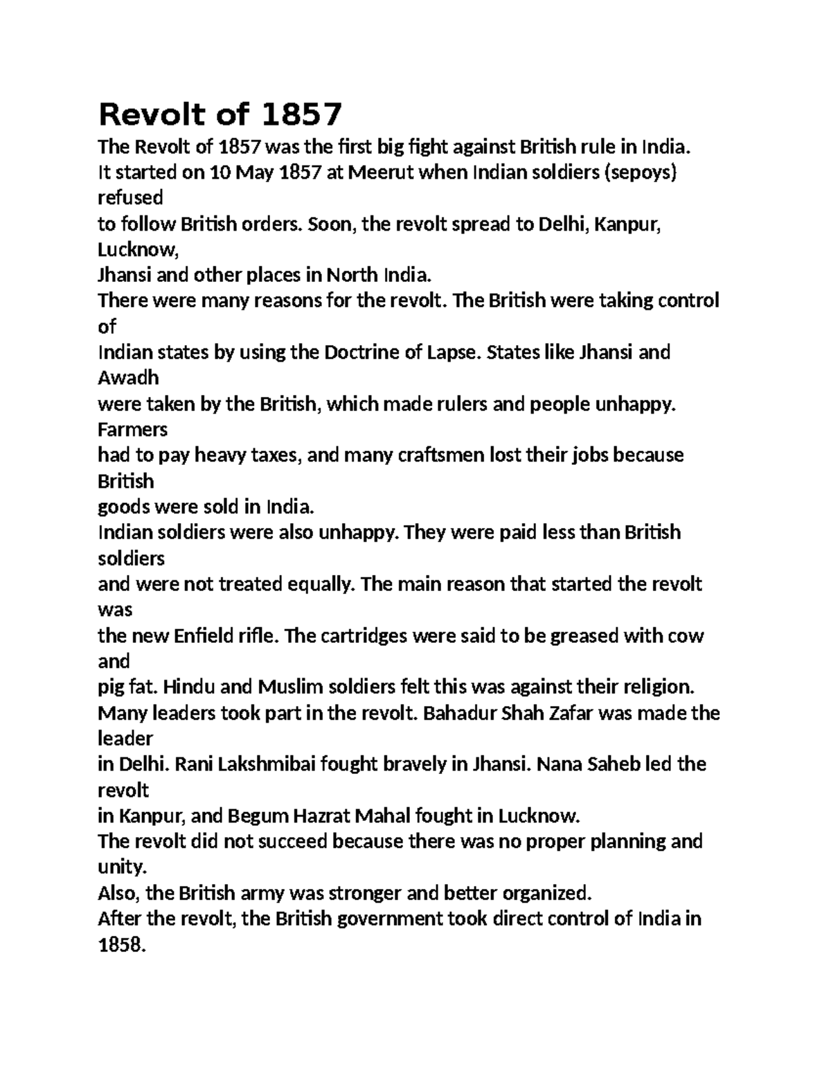 Revolt of 1857: India's First Major Uprising Against British Rule - Studocu