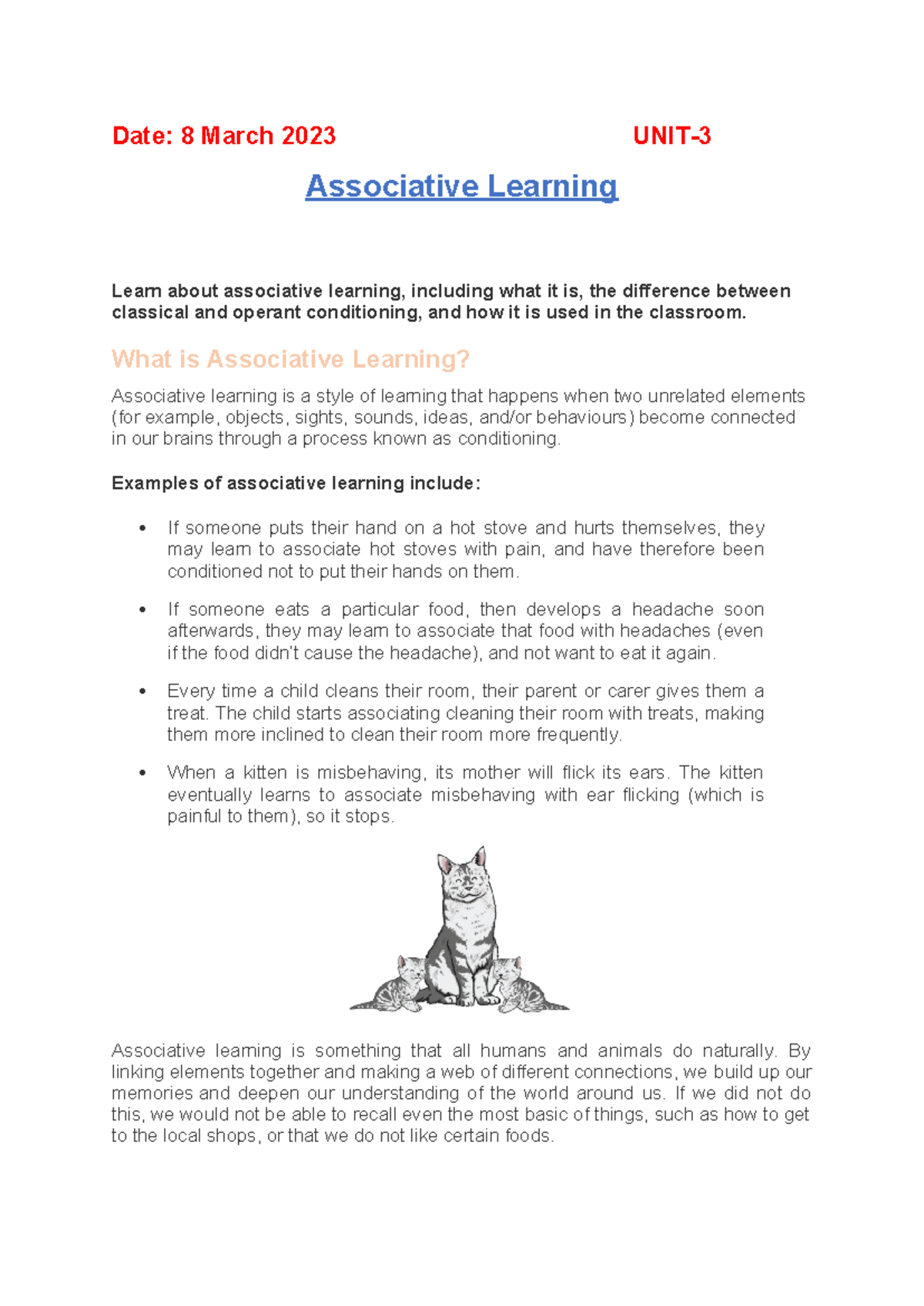UNIT 3: Associative Learning Notes - Classical vs. Operant Conditioning ...