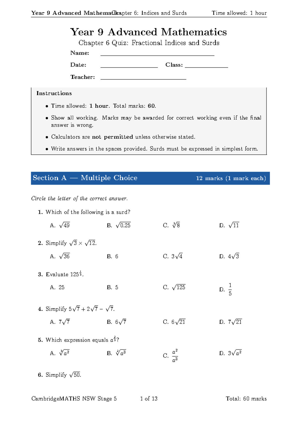 Year 9 Advanced Mathematics Chapter 6 Quiz: Indices and Surds - Studocu