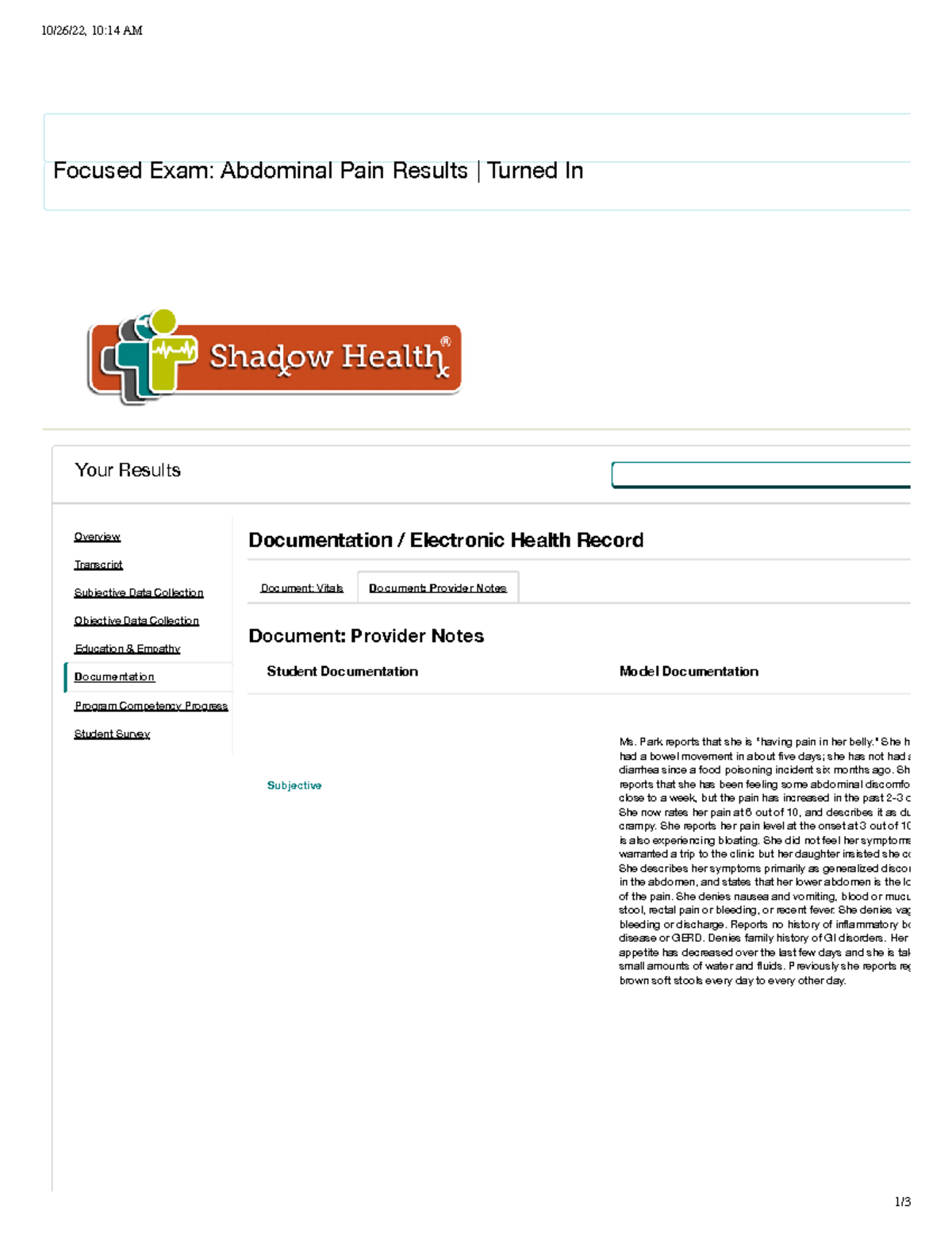 Focused Exam: Abdominal Pain - Documentation of Esther Parks' Case ...