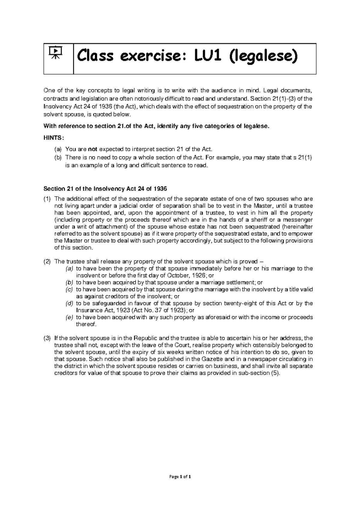 Class Exercise: LU1 - Identifying Legalese in the Insolvency Act - Studocu