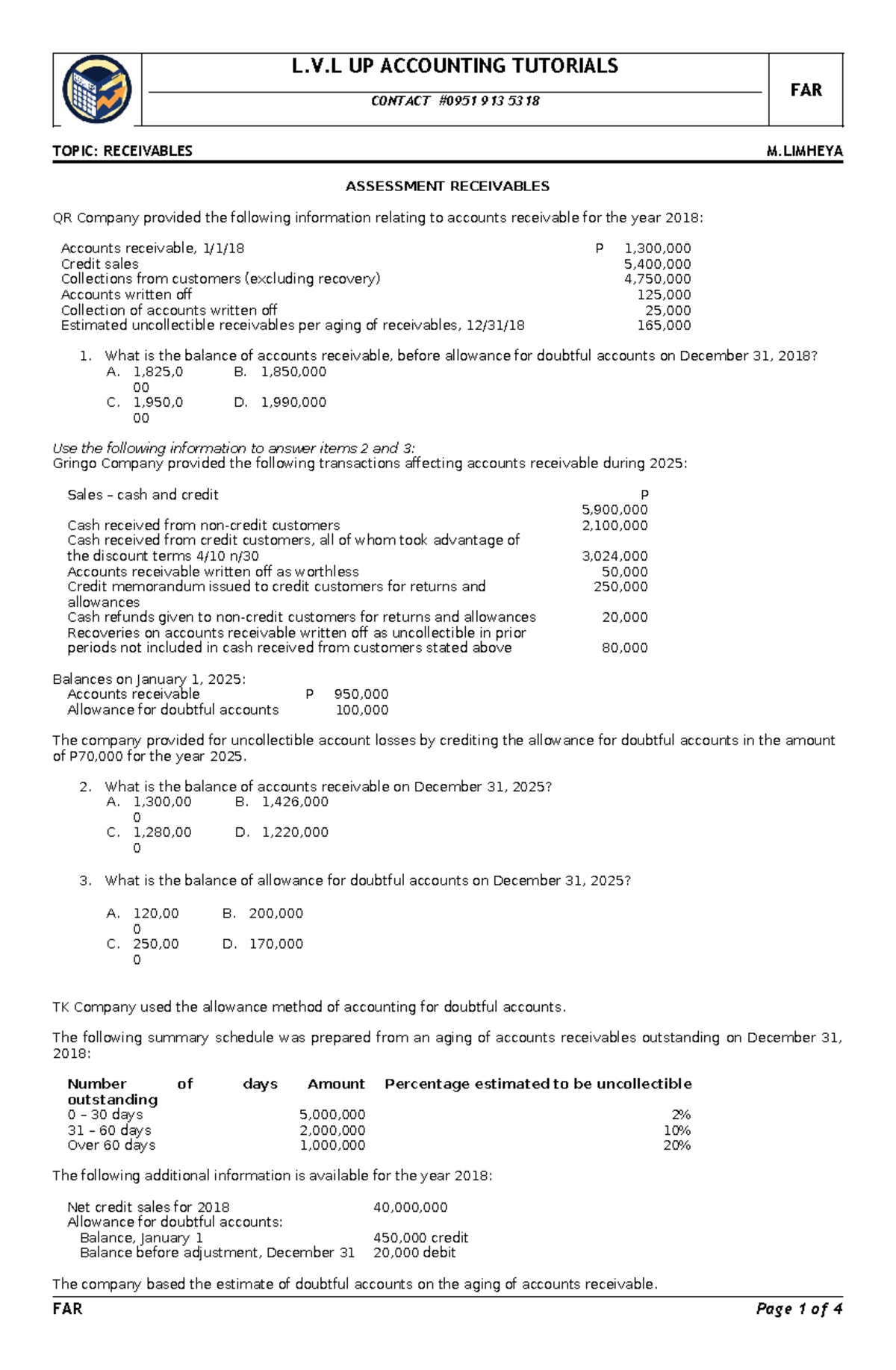 FAR 101: Assessment Receivables Overview and Exercises - Studocu