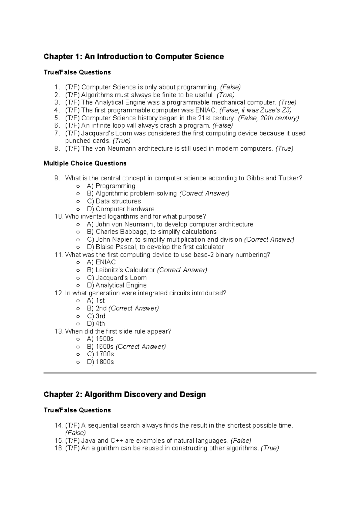 Computer Science Fundamentals: Quiz Questions for Chapters 1-5 ...
