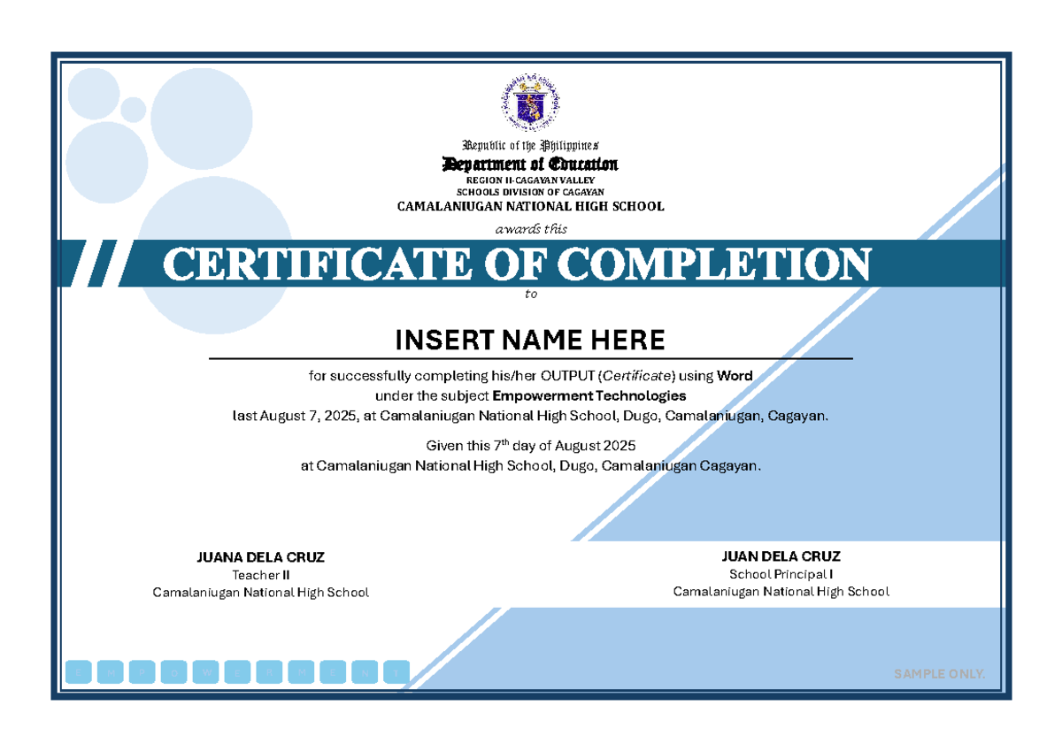 Cert-Sample - N/A - Republic of the Philippines Department of Education ...