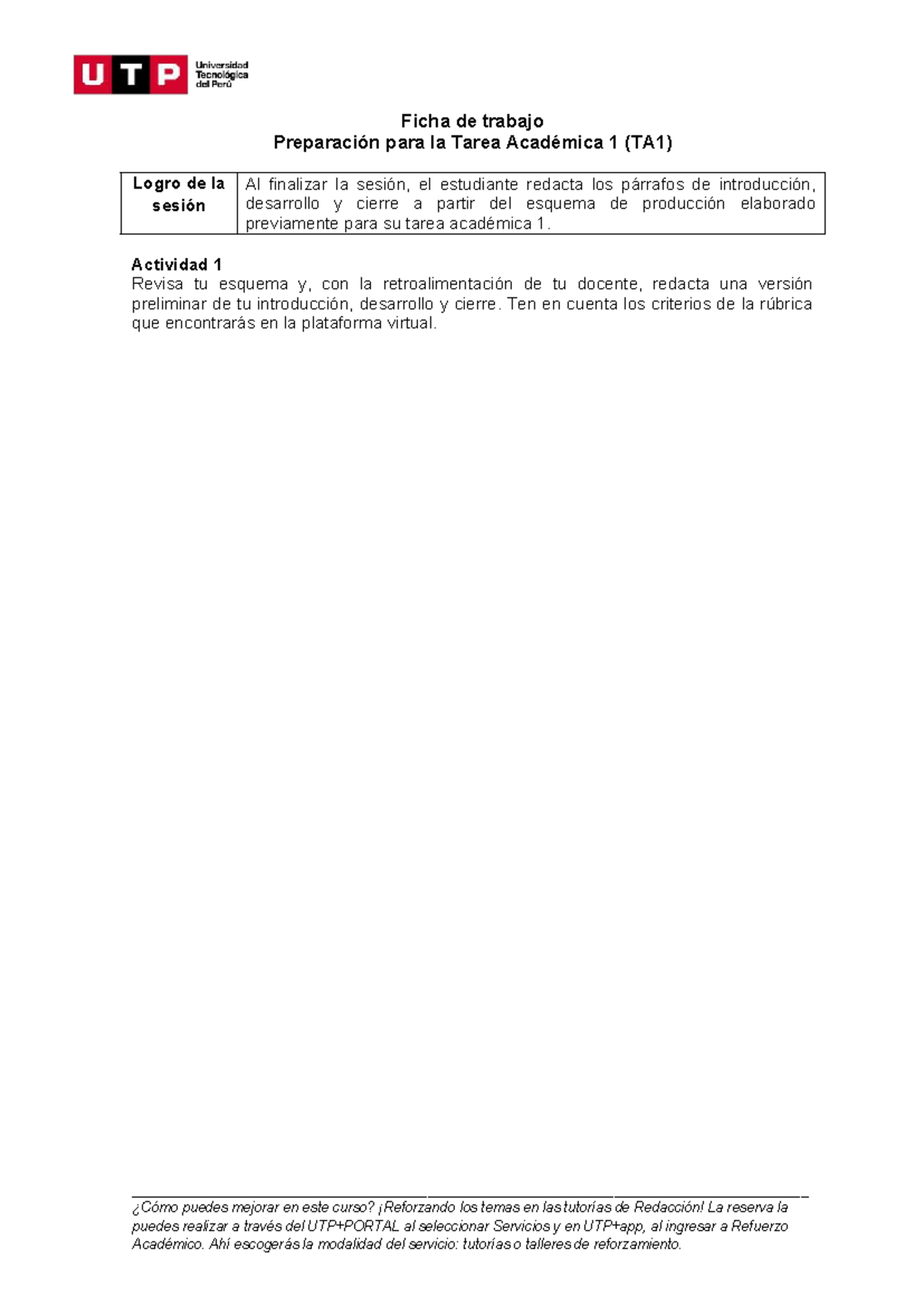 Ficha de Trabajo: Preparación Tarea Académica 1 (TA1) - Sesión 4 - Studocu