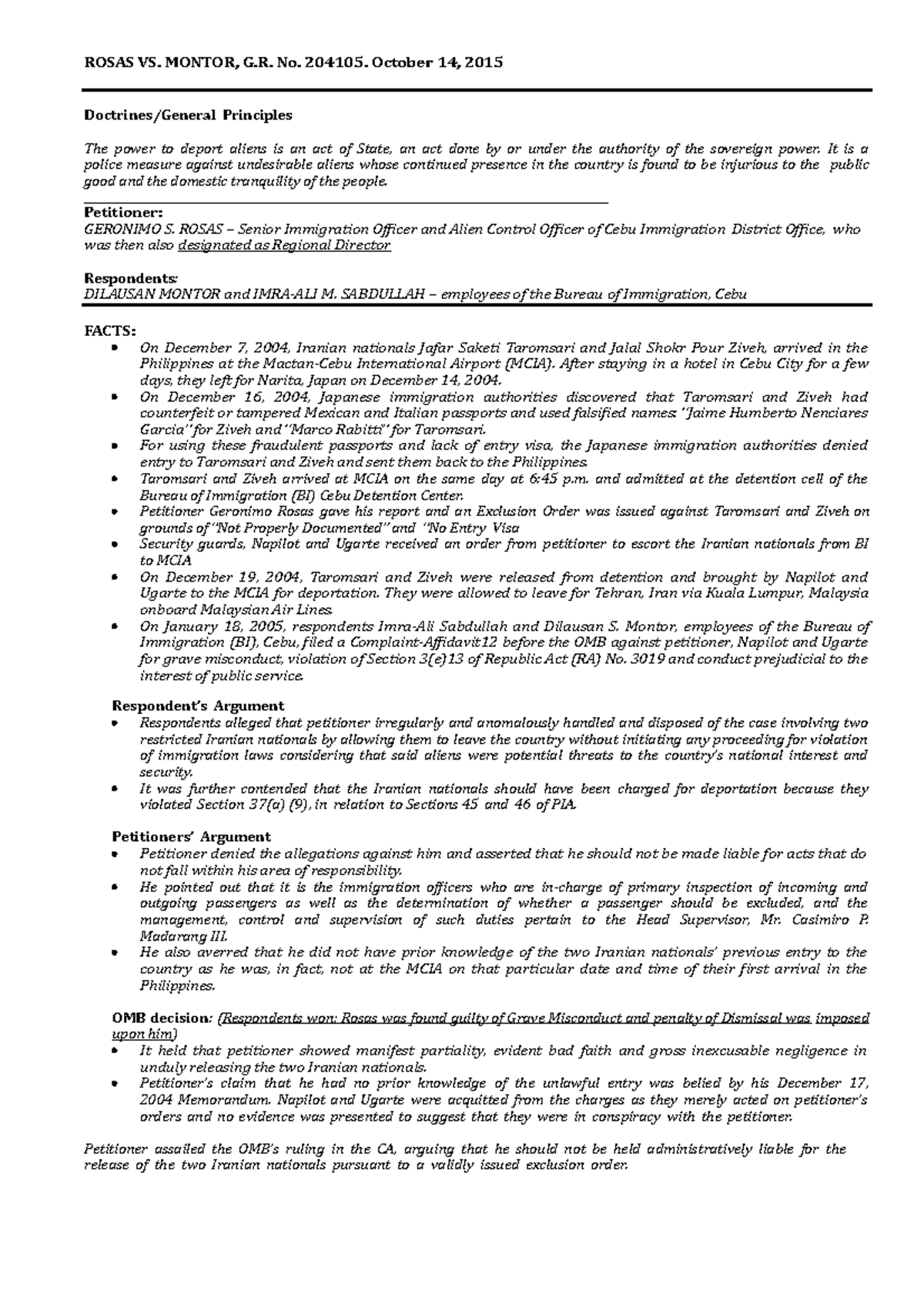 Rosas vs. Montor: G.R. No. 204105 Case Analysis (OMB Decision) - Studocu
