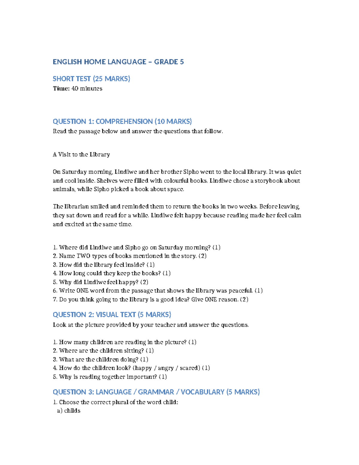 ENGLISH HOME LANGUAGE GRADE 5 SHORT TEST (25 MARKS) - Studocu