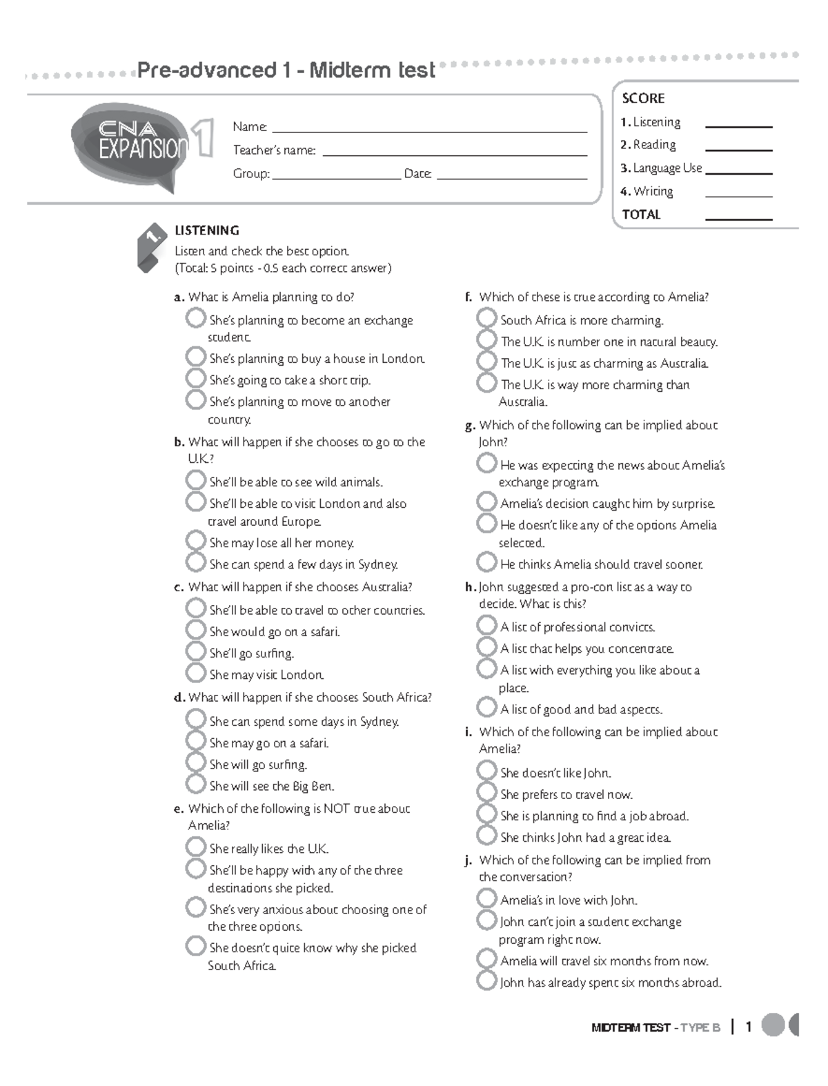 Pre-advanced 1 - Midterm Written Test - Tipo B (1) - MIDTERM TEST ...