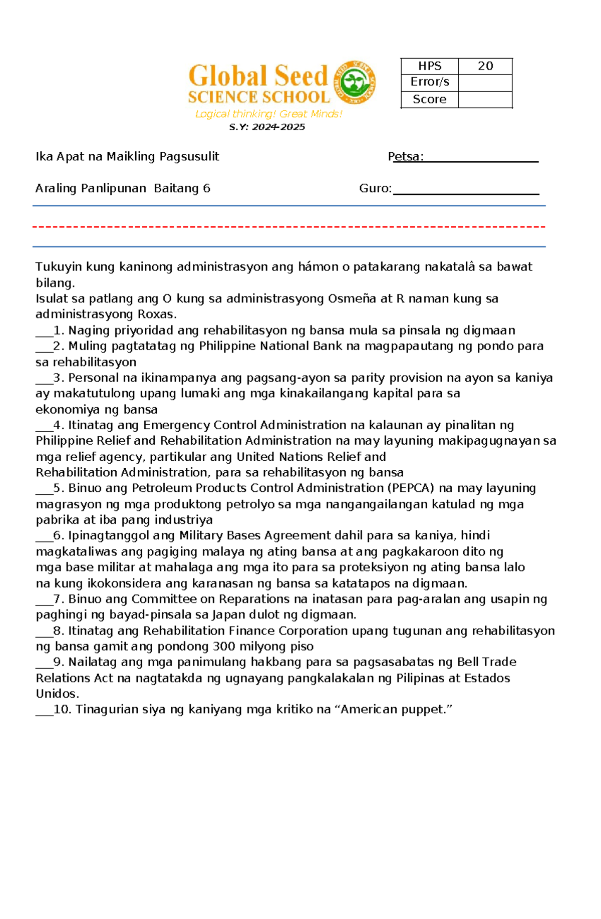 G6 AP - REVEW - Logical thinking! Great Minds! S: 2024- Ika Apat na ...