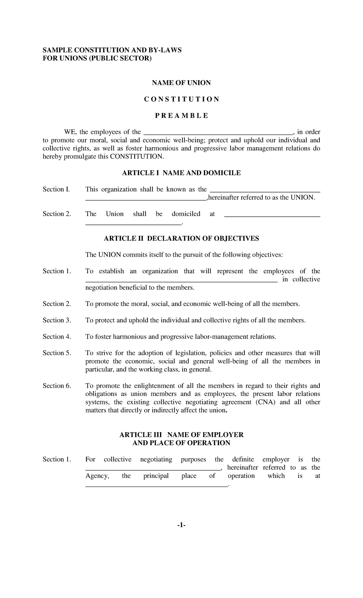 Sample Constitution and By-Laws for Public Sector Unions - Studocu