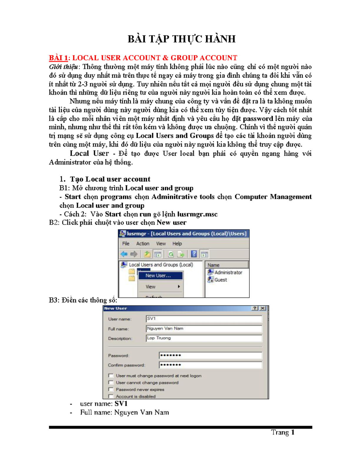 1 Qtbtht - adadadada - BÀI TẬP THỰC HÀNH BÀI 1: LOCAL USER ACCOUNT ...