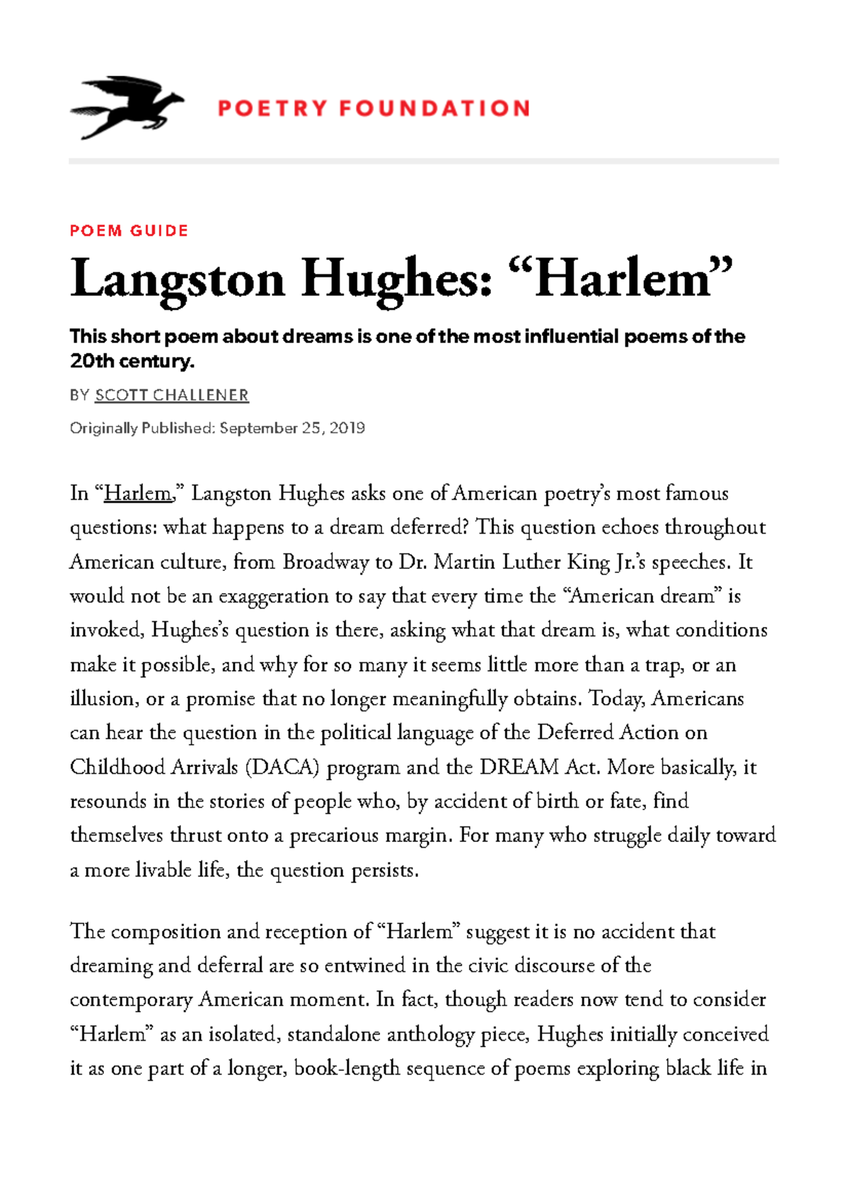 POEM GUIDE: Langston Hughes' "Harlem" Analysis and Context - Studocu
