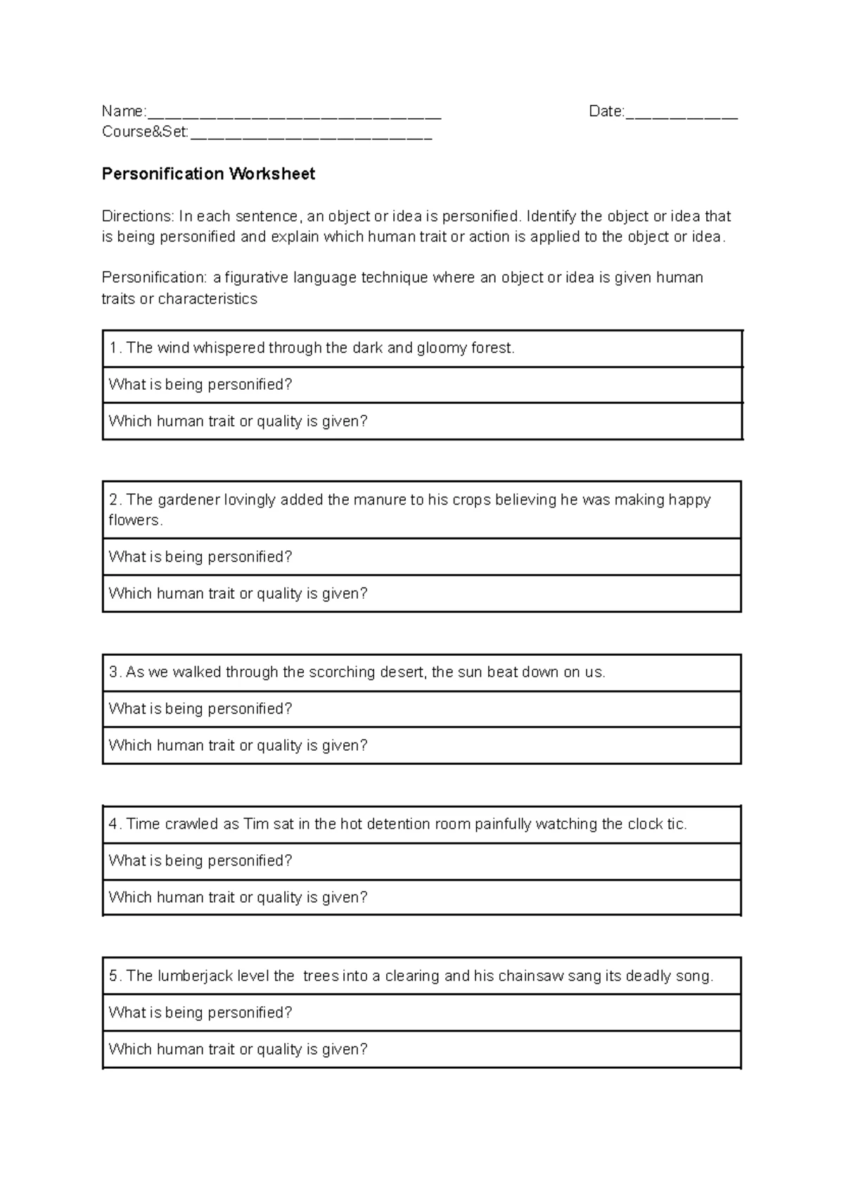 ENG101 Personification Worksheet: Identifying Human Traits in Objects ...