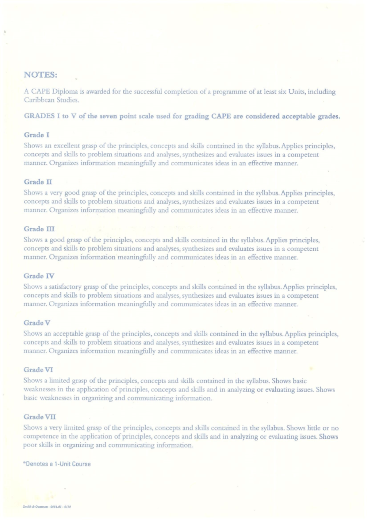 CAPE Grading Criteria: Understanding Grades 1 to 6 for Assessment - Studocu