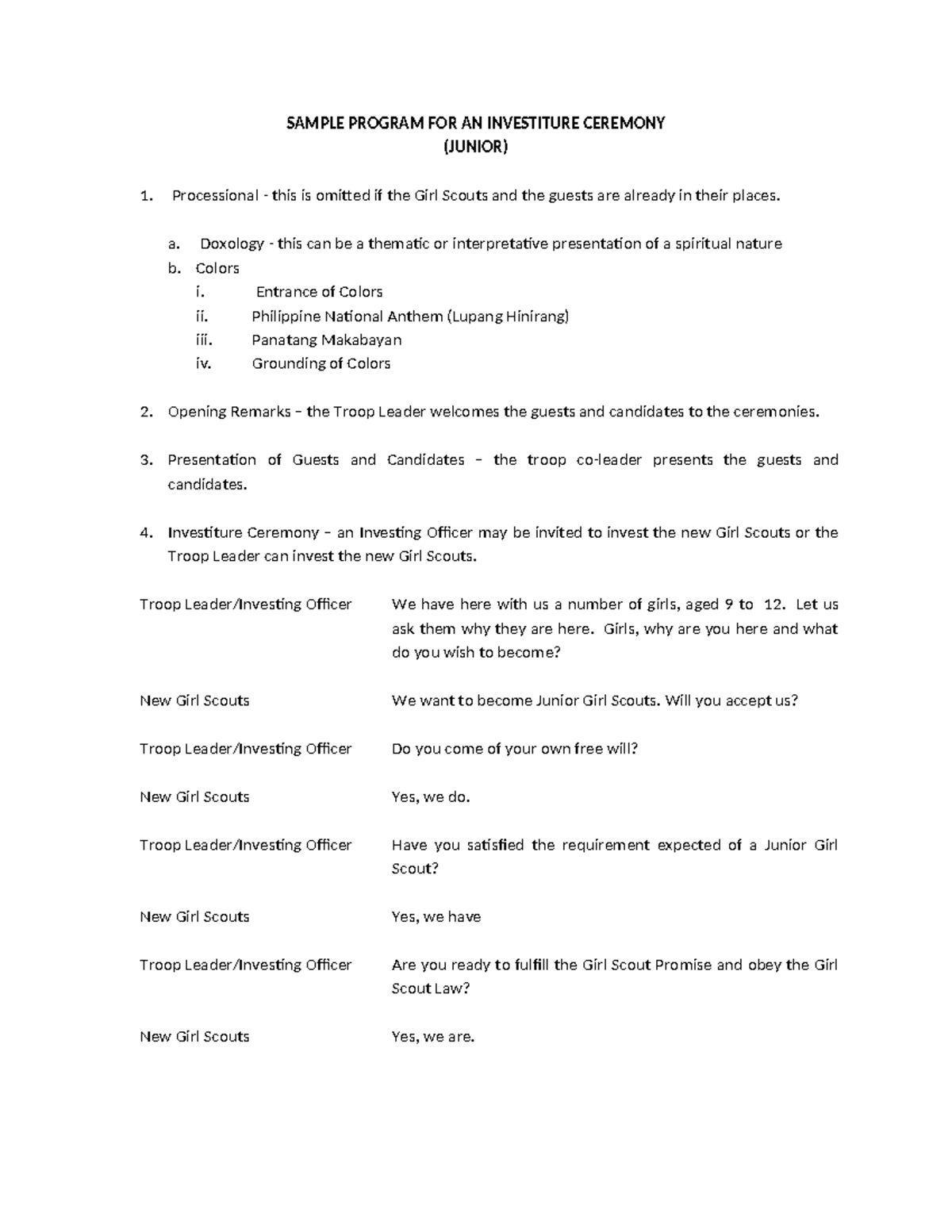Investiture Ceremony Program for Junior Girl Scouts - Studocu