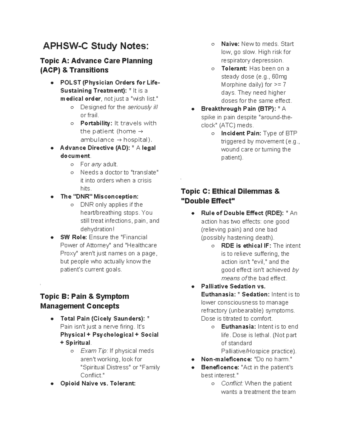 Aphsw-C Study Notes: Advance Care Planning & Pain Management Concepts ...
