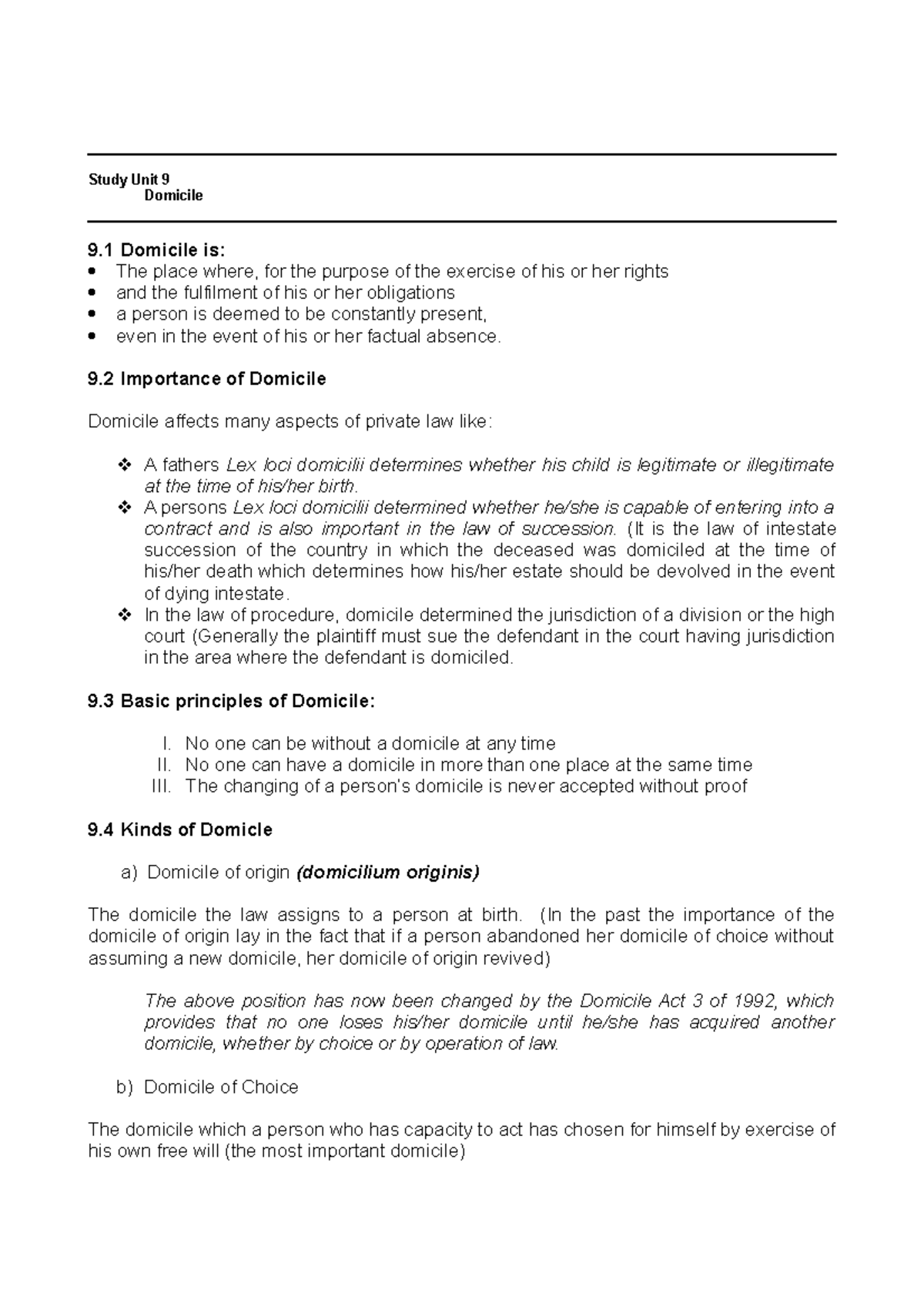 PVL1501 Notes Chapter 9 22 - Study Unit 9 Domicile 9 Domicile is: The ...
