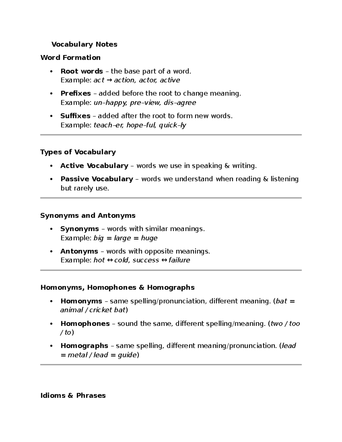 Vocabulary Notes: Word Formation and Types of Vocabulary - Studocu
