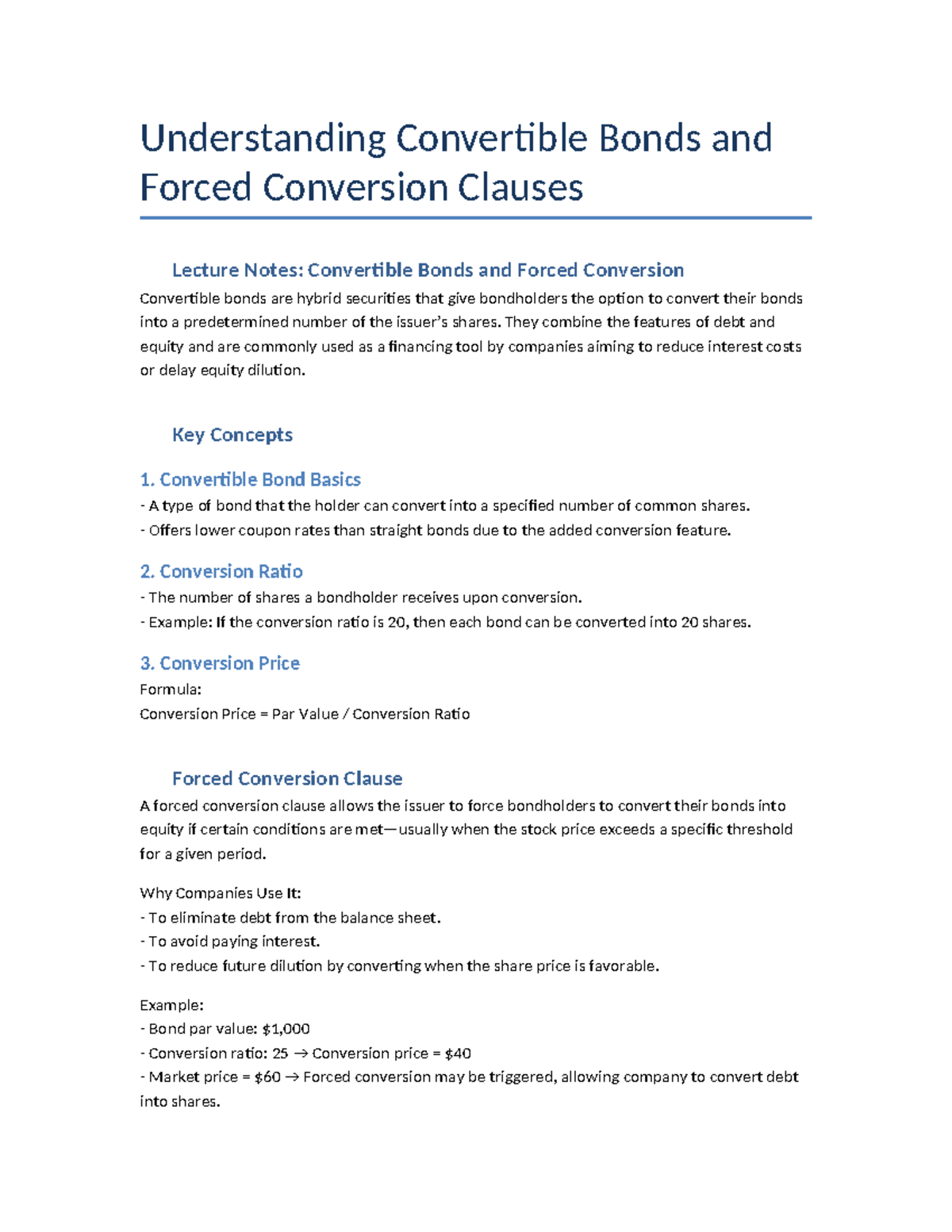 Lecture Notes on Convertible Bonds & Forced Conversion Clauses (FIN 301 ...