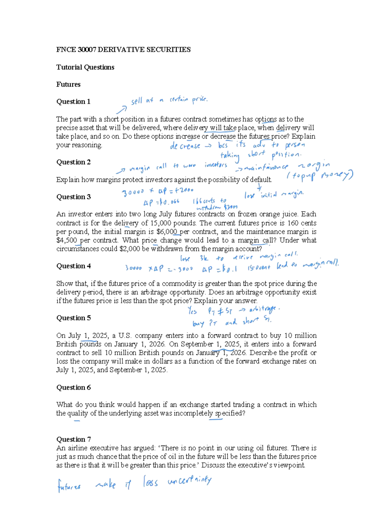 FNCE 101: Derivative Securities Tutorial 1 Questions & Solutions - Studocu
