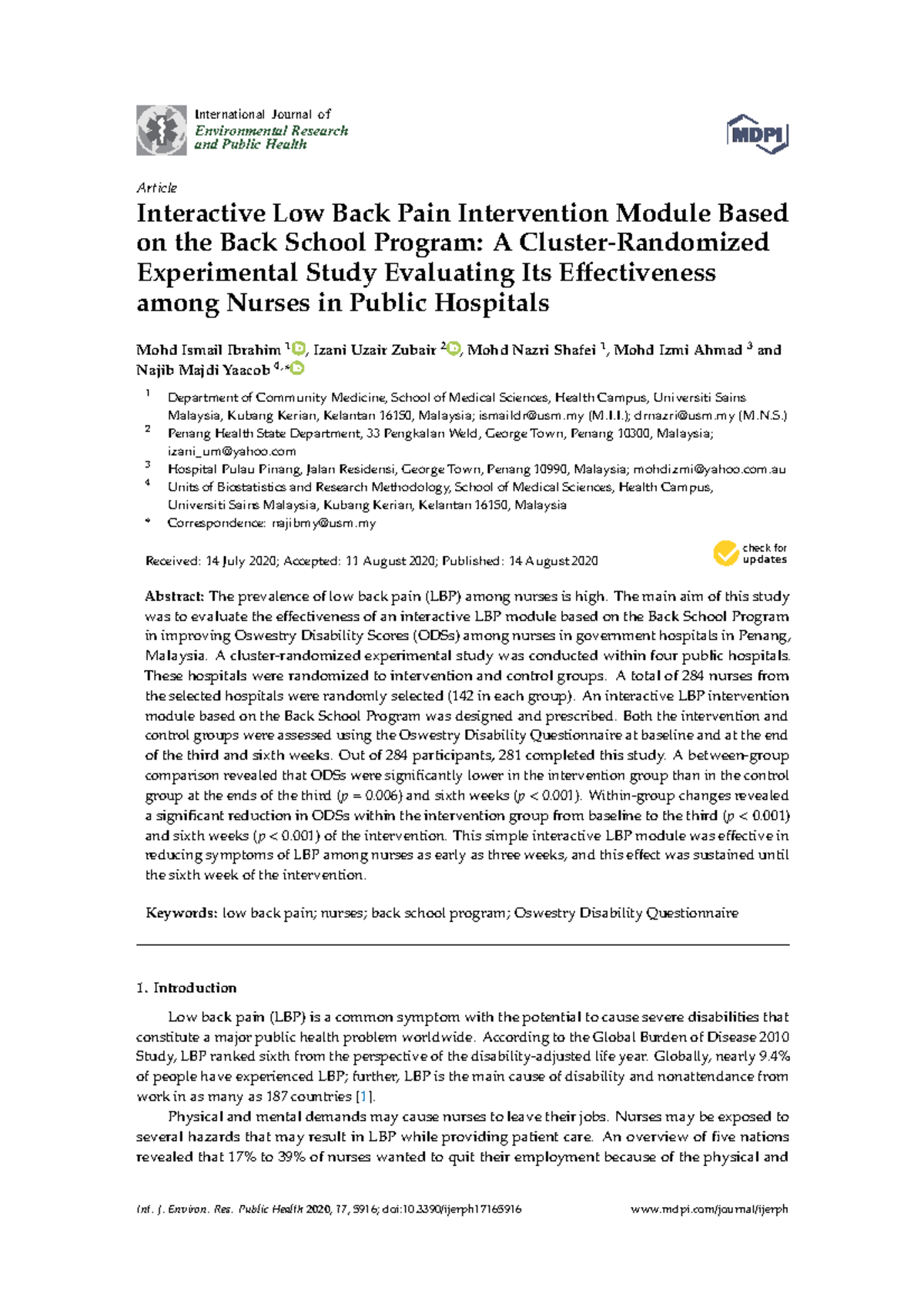 Interactive Low Back Pain Intervention Module Based on the Back School Program- A Cluster ...