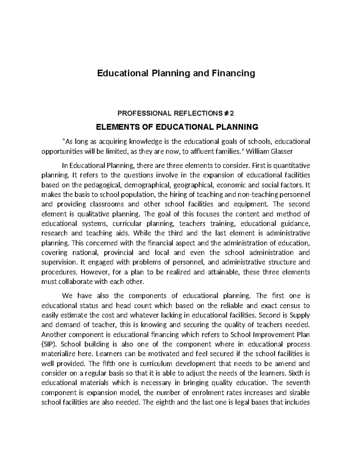 Elements of Educational Planning: Professional Reflections 2 - Studocu