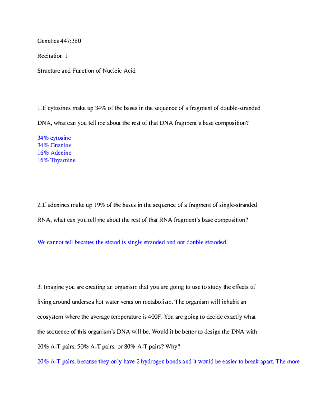 Recitation 1 problems - Genetics 447: Recitation 1 Structure and ...