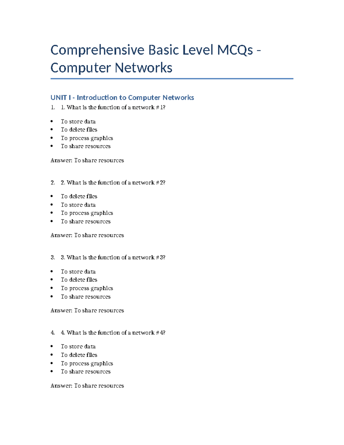 Comprehensive MCQs for Computer Networks (Unit I & II) - Studocu