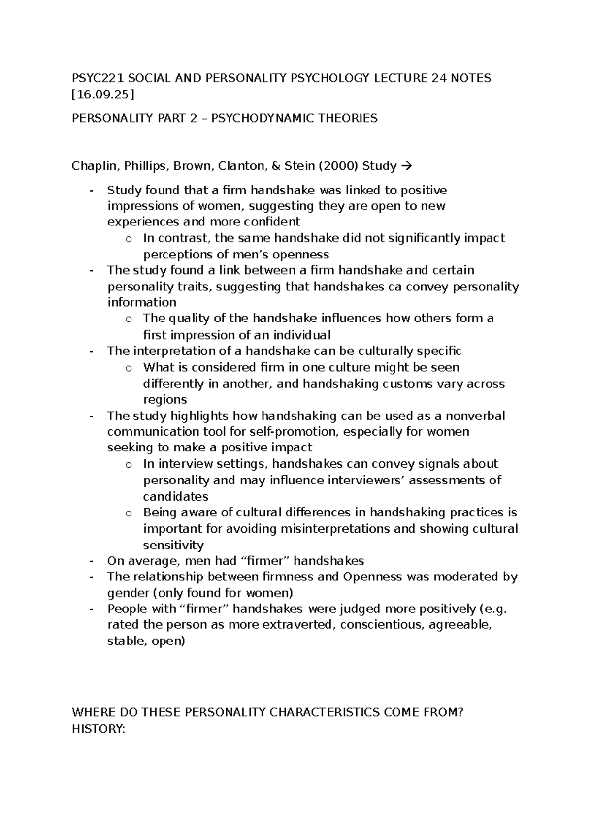 PSYC221 LECTURE 24 NOTES: PSYCHODYNAMIC THEORIES OF PERSONALITY - Studocu