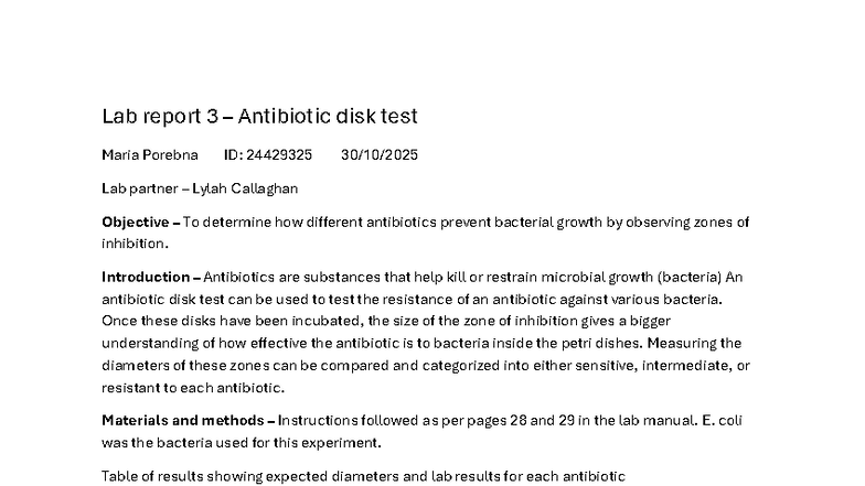 Lab Report 3: Antibiotic Disk Test on E. coli - Studocu