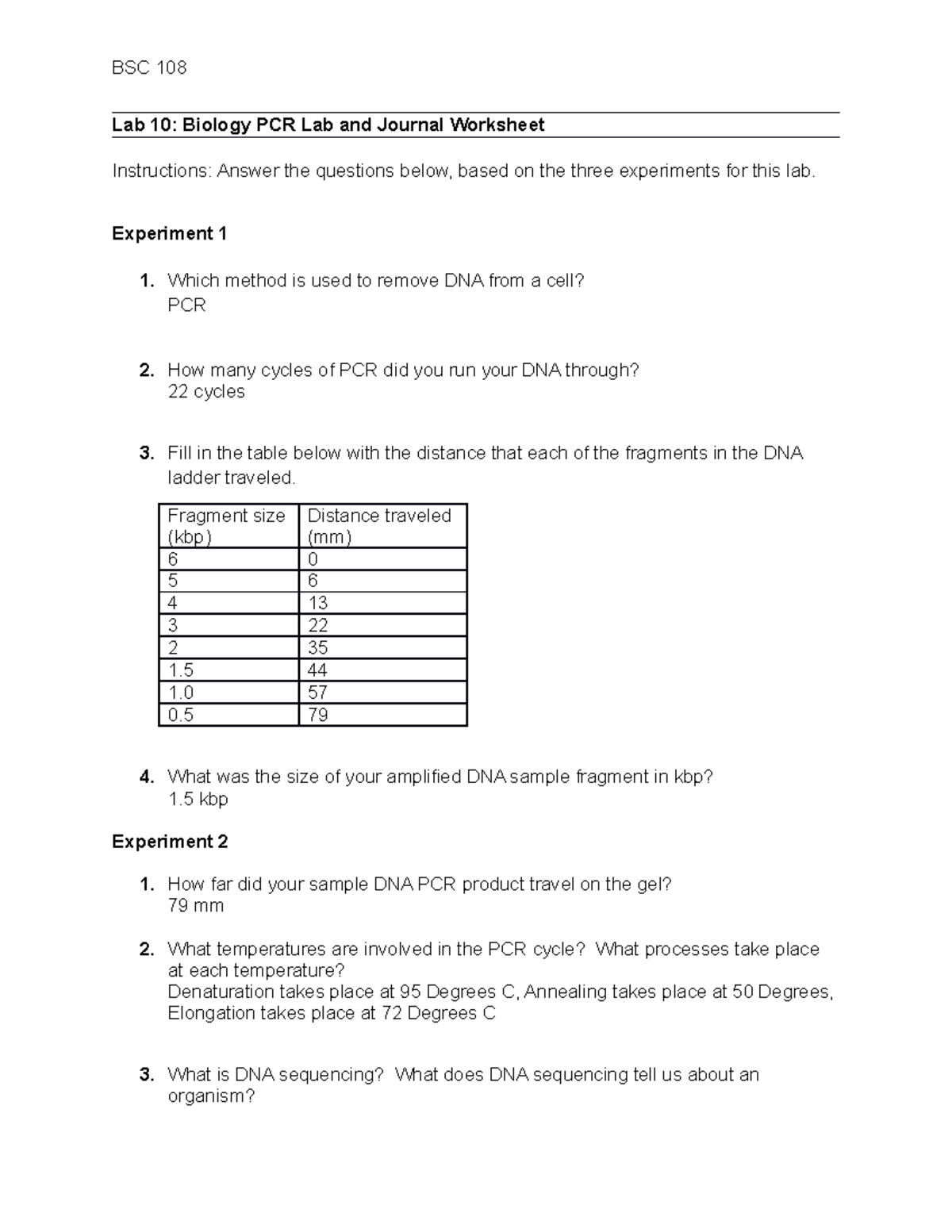 BSC 108 Lab 10 - Biology PCR Lab & Journal Worksheet Insights - Studocu