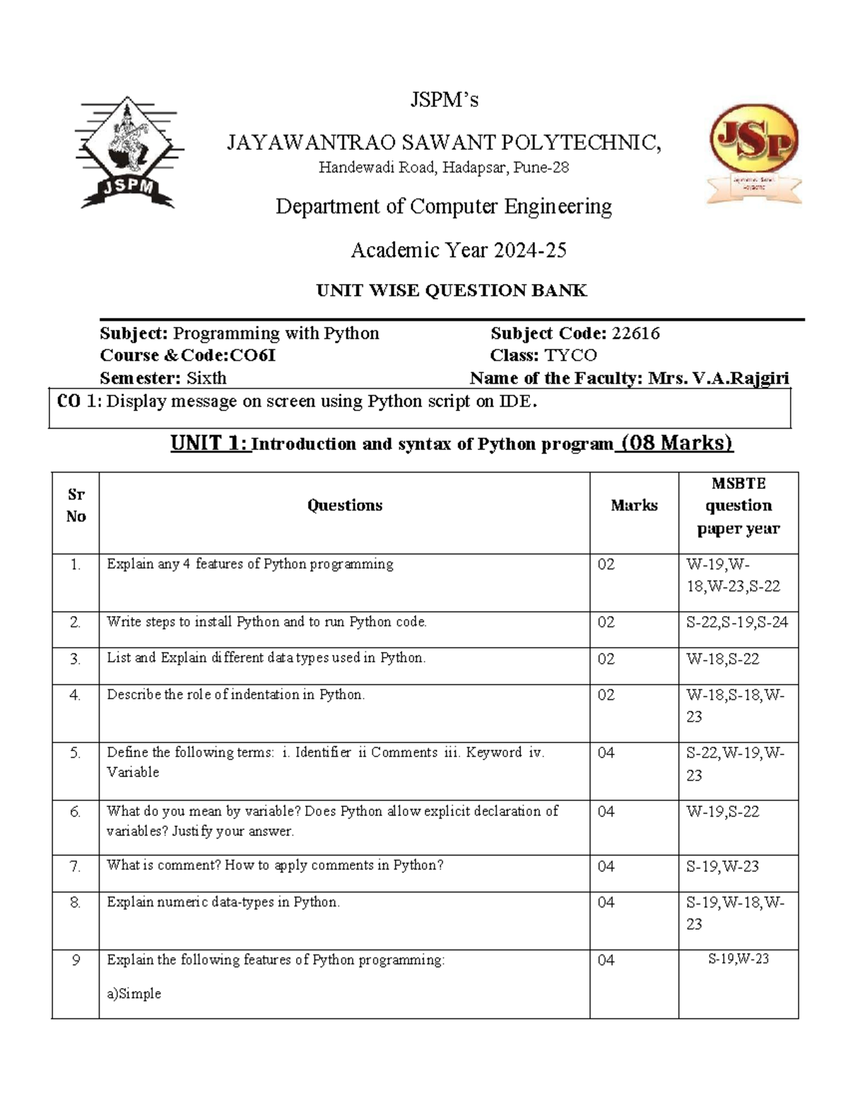 Programming with Python: Unit Wise Question Bank (Course Code: 22616) - Studocu