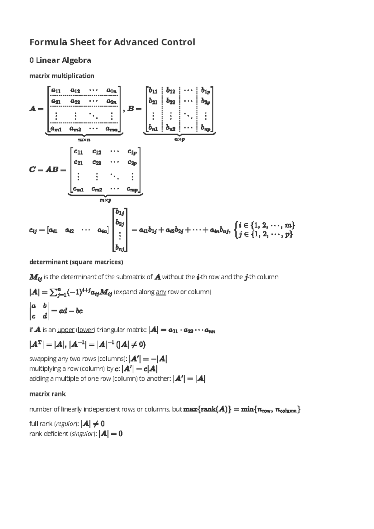 AC Sheet for Advanced Control: Matrix Operations and State Feedback ...