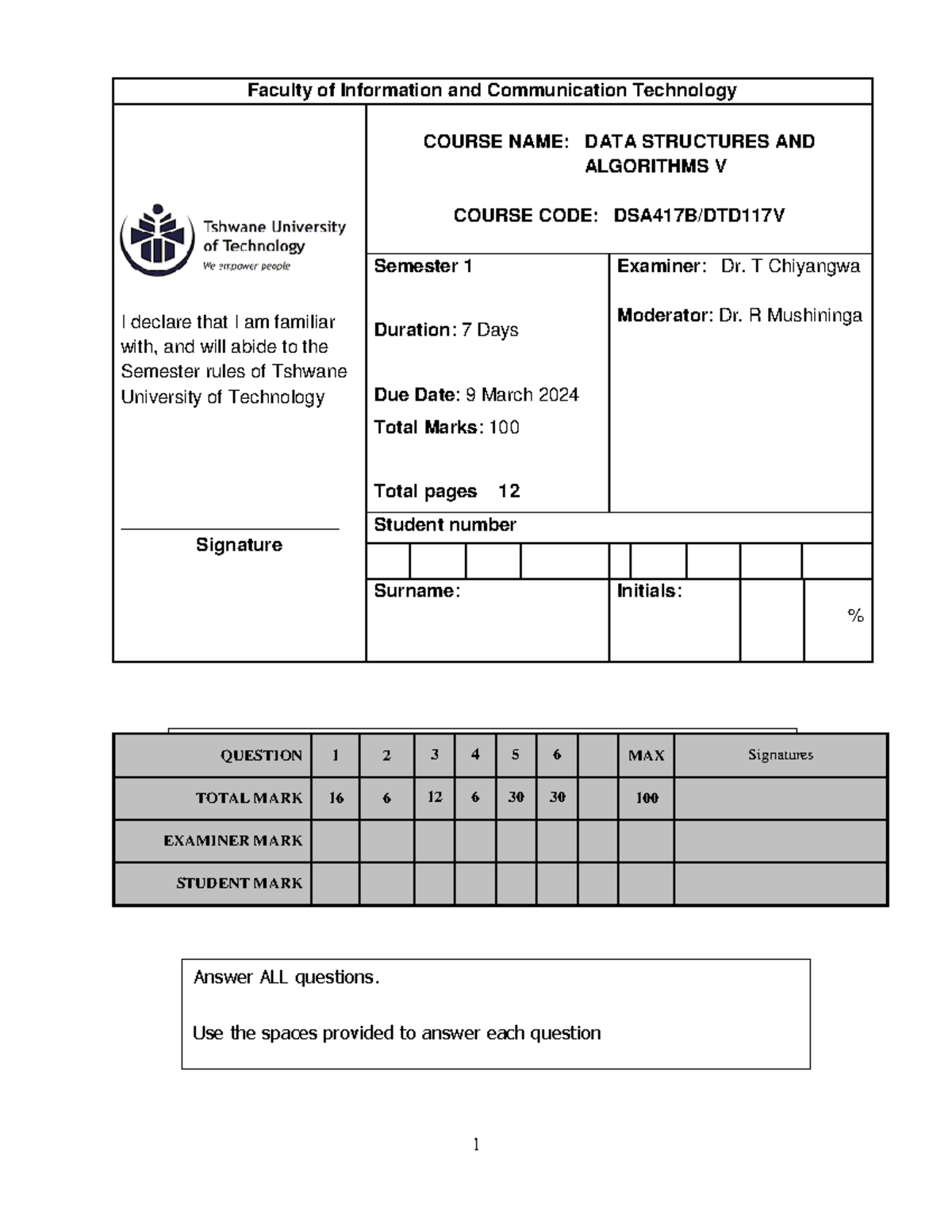 DTD117V Semester 1 - Data Structures & Algorithms Exam Memo - Studocu