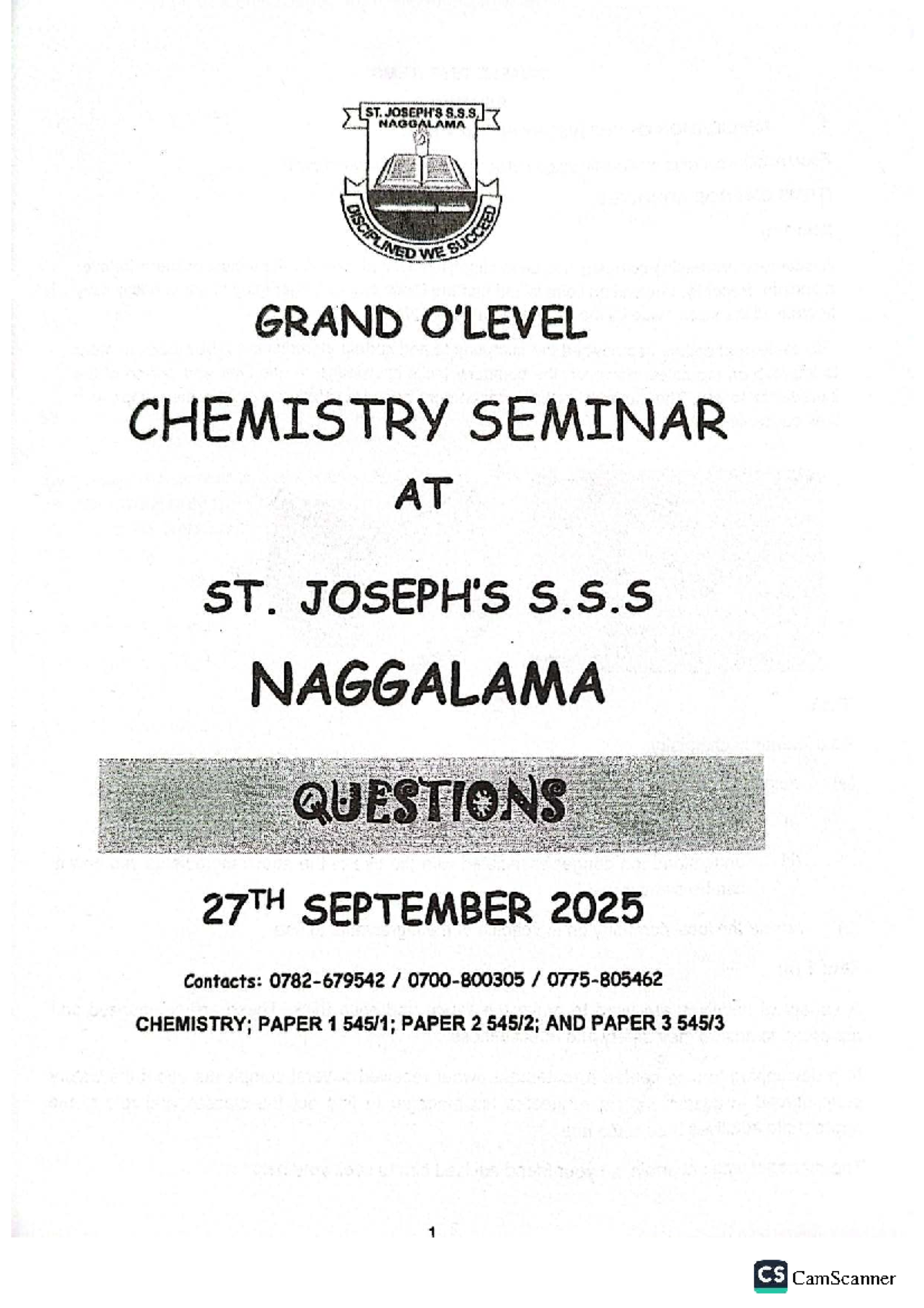 Seminar Solutions for Chemistry CS at St. S.S.S Naggalama - 27th Sept ...